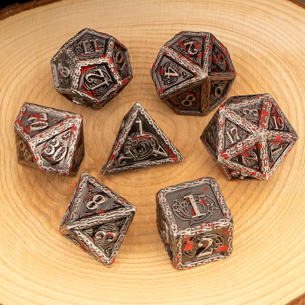 D&D Dice Set for Dungeons and Dragons, RUNFNG 7PCS Metal DND Dice Set D20 D12 D10 D8 D6 D4 D%, Blood Spatter D and D Polyhedral Dice Set for RPG Role Playing Table Game, Warhammer with Gift Box…