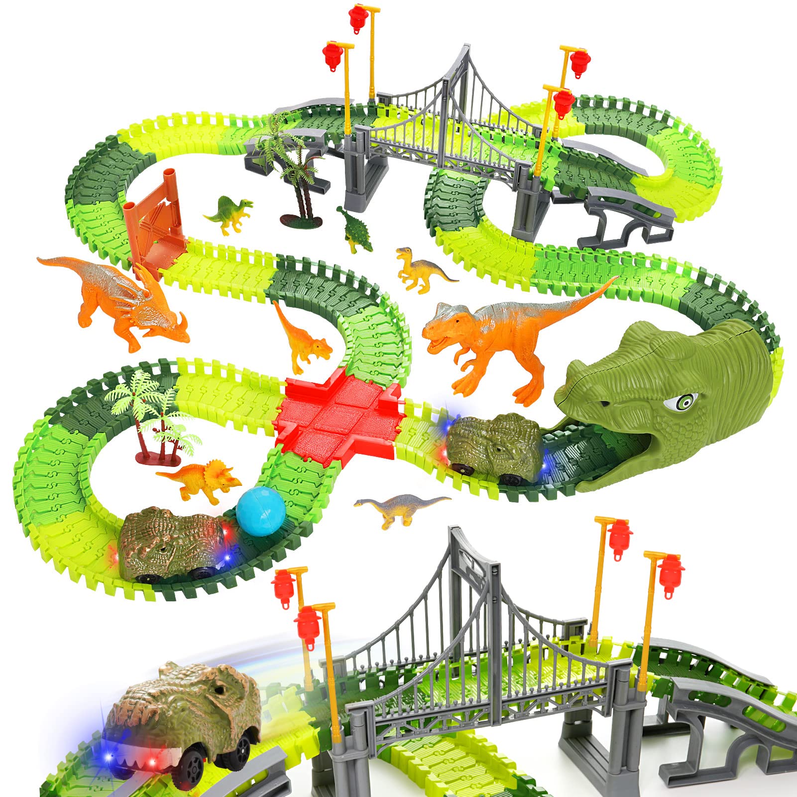 BEMITON Dinosaur Toys Race Car Track, Create a Dinosaur World Road Race, Flexible Dinosaur Track Toys Set, Christmas Birthday Gifts for 3 4 5 6 7 Years Old Boys Girls Kids