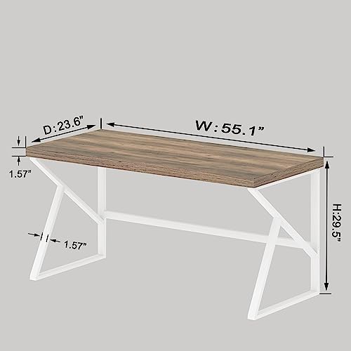 HSH Farmhouse Desk, Modern Home Office Desk, Student Desk for Bedroom Computer Table, Rustic Wood and Metal PC Laptop Computer Desk, Simple Writing Study Gaming Desk Executive Workstation, 55 Inch