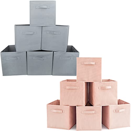 EZOWare Set of 12 Foldable Basket Bin Collapsible Storage Cube for Nursery, Kids Toys Organizer, Shelf Cabinet - (Pale Dogwood + Gray)