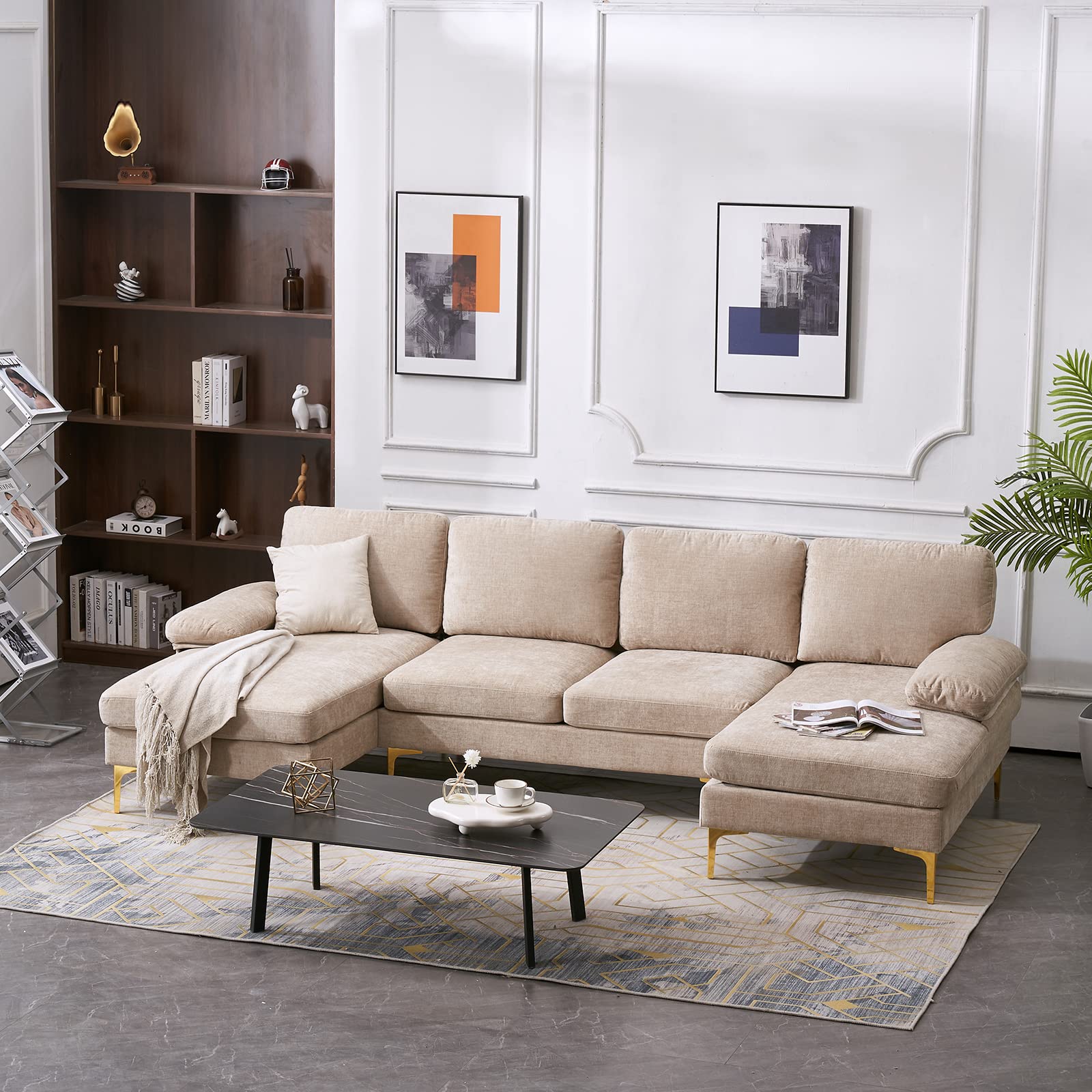 POULEII Sectional Sofa,Modern U-Shape Modular Sectional Sofa Sleeper Couch with Chenille Fabric and Gold-Plated Feet for Living Room, Apartment, Office,Camel