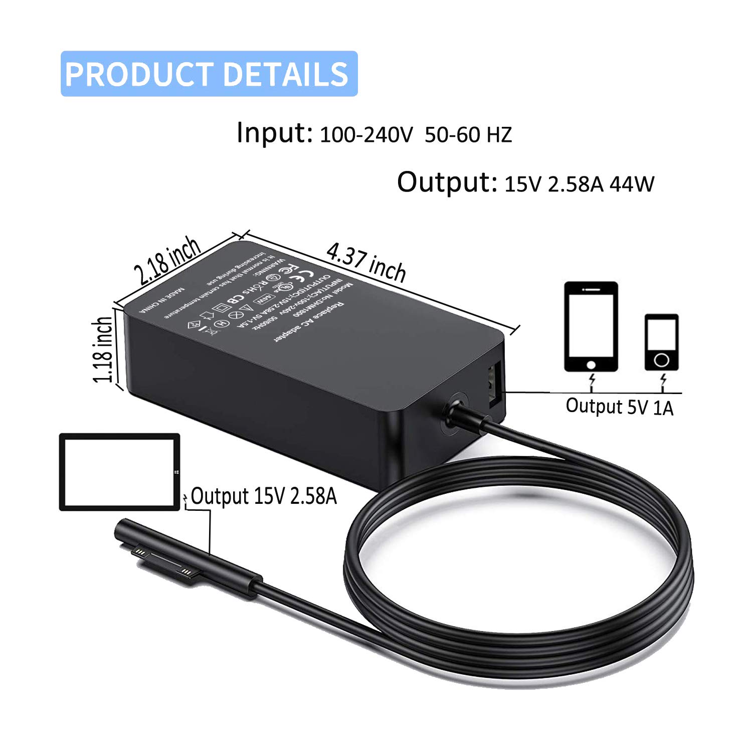 Pro Charger Laptop Charger,Smartwifi 15V 4A 65W Portable Charger for Pro 3/4/5/6/7/X Laptop1/2/3 & Pro & Book1/2 and Go 1/2