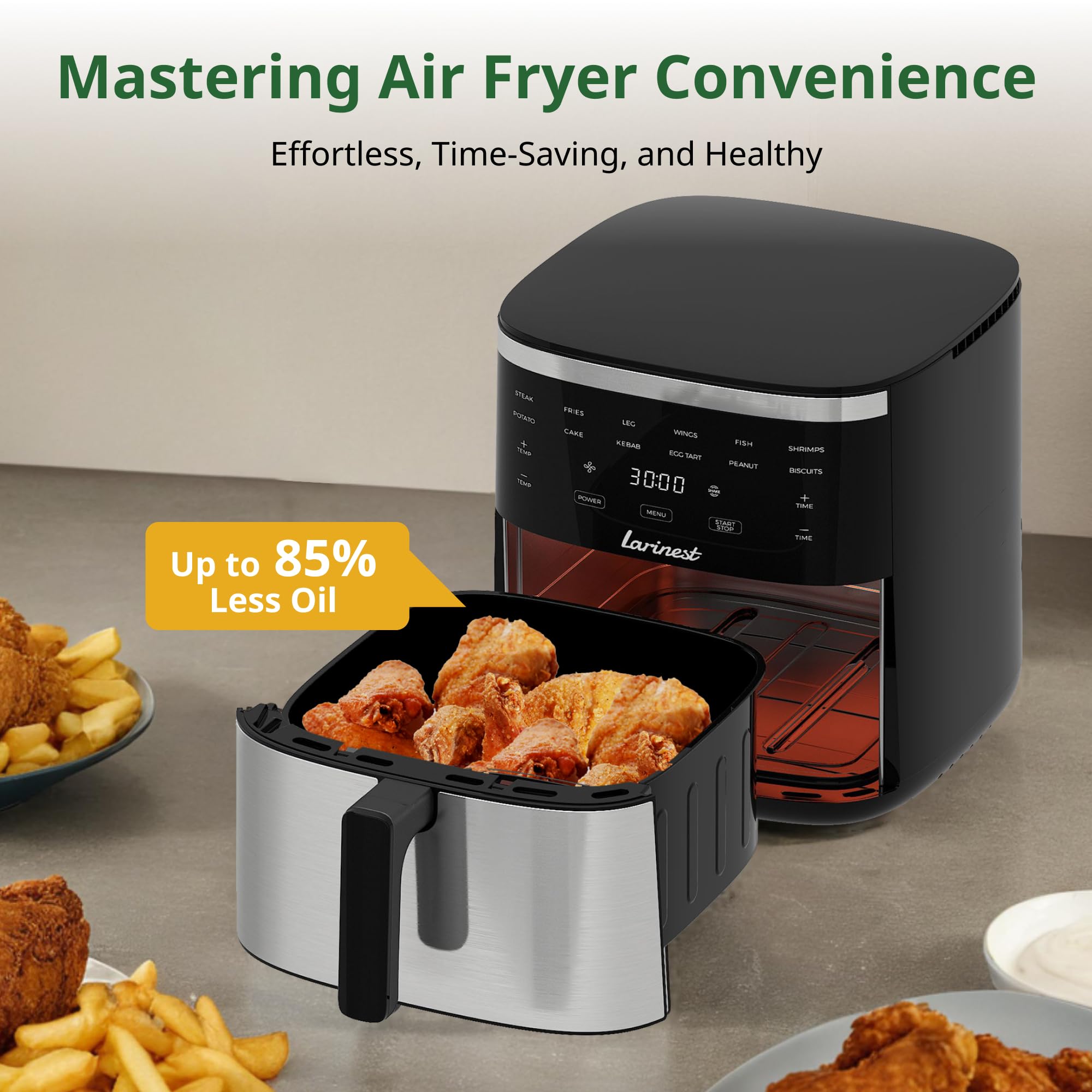 Larinest 5.3Qt Air Fryer, Compact Airfryer with Large Capacity for Quick and Easy Meals, 8 Cooking Functions on Digital Touch Screen, Air Circulation Tech, Dishwasher-Safe & Nonstick, AF501, Black