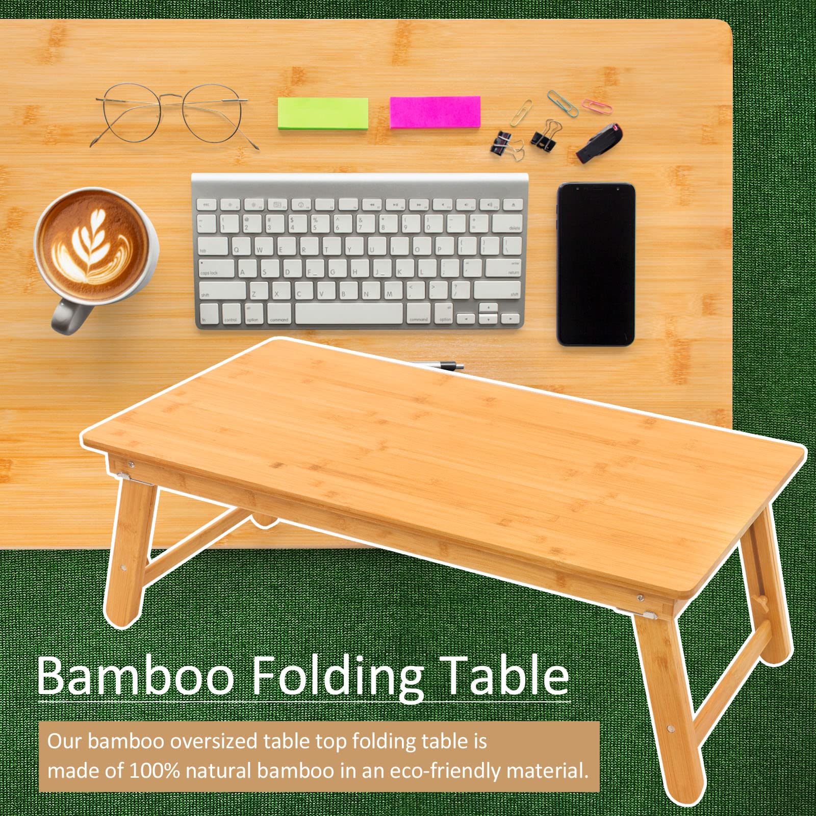 Adjustable Large Size Laptop Desk,Bamboo Lap Table Bed Tray,Foldable 4 Legs Serving Tray Working, Eating and Gaming for Bed,Couch,Floor, 33.5x17.7in