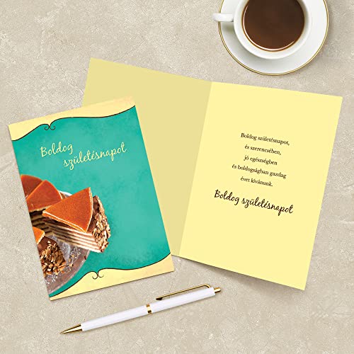 Designer Greetings Hungarian Language Happy Birthday Cards, “Boldog születésnapot” Dobos Torte Design (6 Cards with Envelopes / 6 kártya borítékokkal)