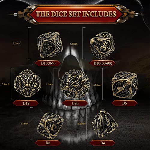 DND Dice Set Polyhedral Hollow D&D Dice Set for Games Dungeons and Dragons Role Playing Games ZHOORQI 7Pcs Skull Metal Dices MTG Pathfinder DND Collection Gifts (Skull-Bronze)