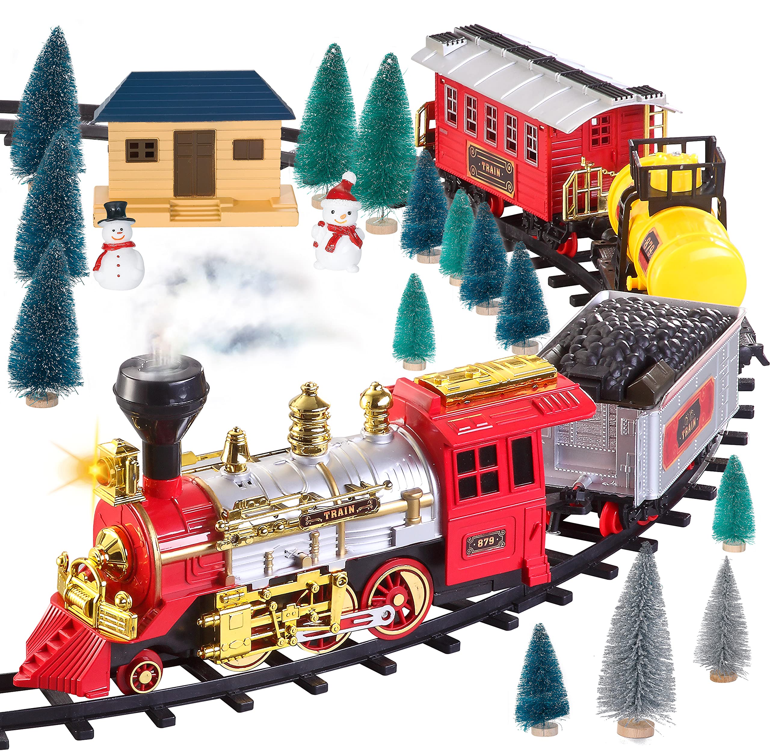 Christmas Train Sets Gift with Lights & Sounds Steam Locomotive Engine, Operated Electric Classical Train Toy with Real Smoke Cargo Cars & Tracks for Over 3 Years Old Boys Girls