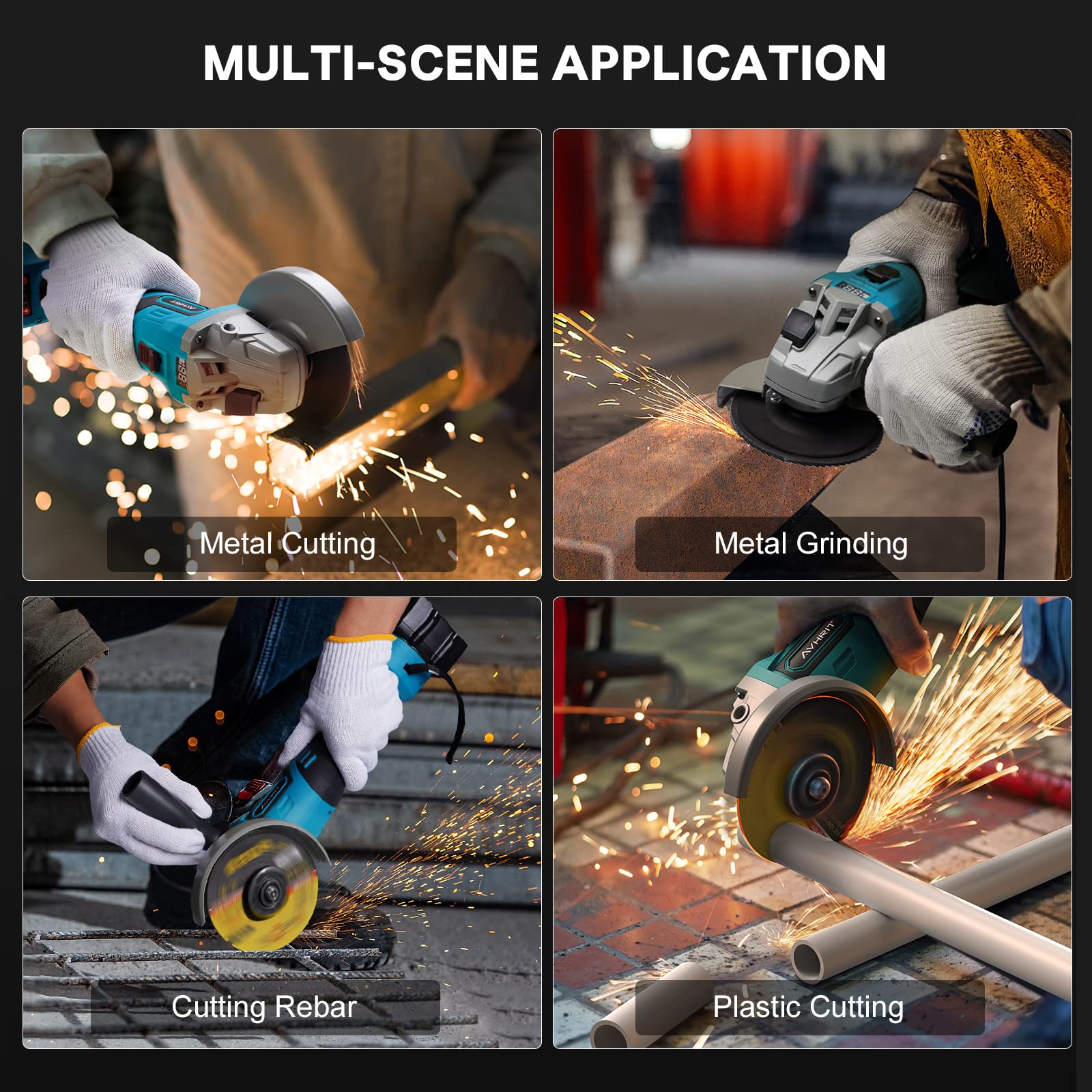 Avhrit Cordless Angle Grinder, 21V Power Angle Grinder Tools with 4.0Ah Battery & Fast Charger, 9000 RPM Brushless Motor Metal Grinder, 4-1/2'' Cutting Wheels, Flap Disc for Cutting, Grinding