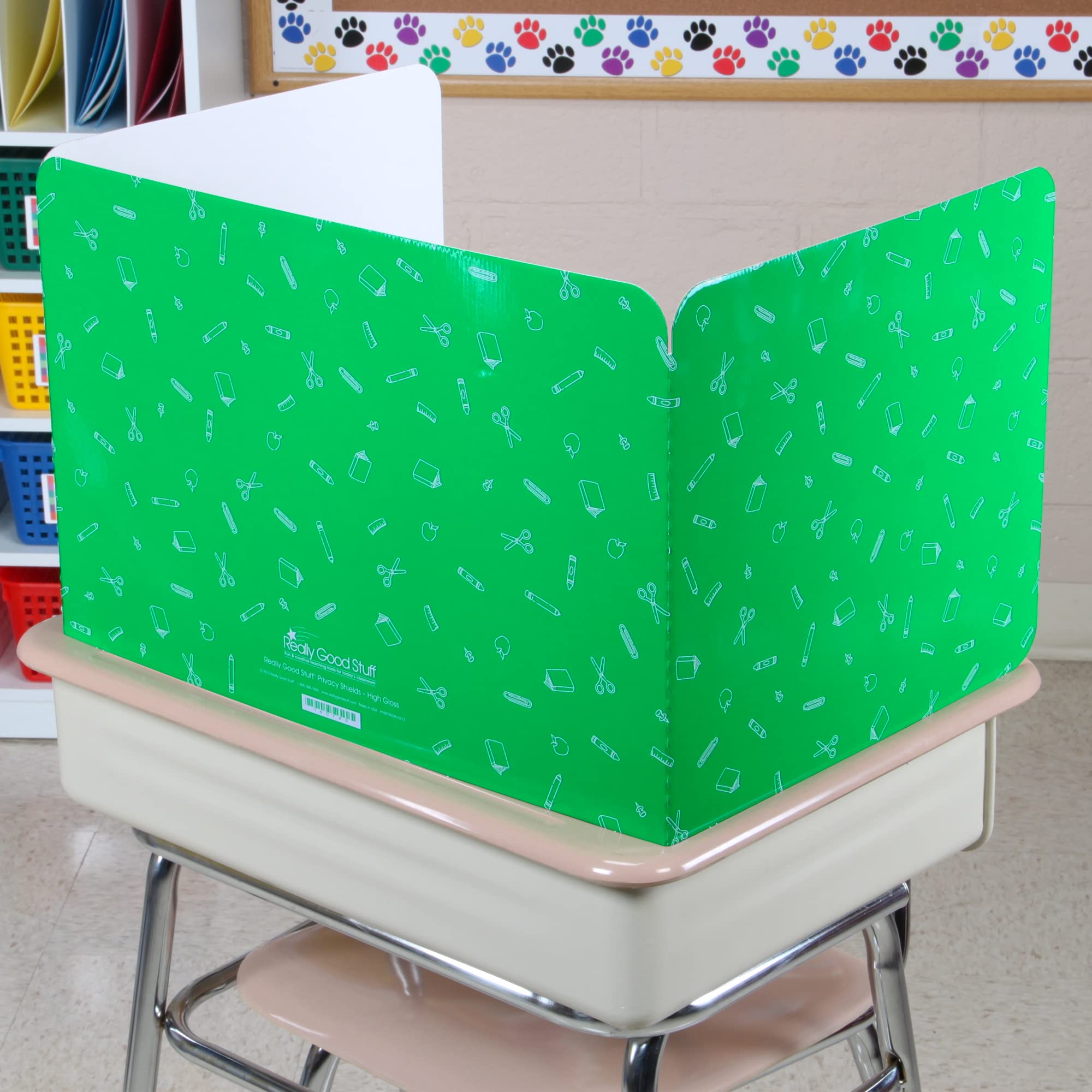Really Good Stuff Large Privacy Shields for Student Desks â Set of 12 - Gloss - Study Carrel Reduces Distractions - Keep Eyes from Wandering During Tests, Blue with School Supplies Pattern