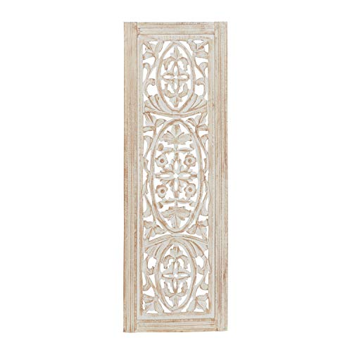Deco 79 Mango Wood Floral Handmade Intricately Carved Arabesque Wall Decor, 12" x 1" x 36", Cream White