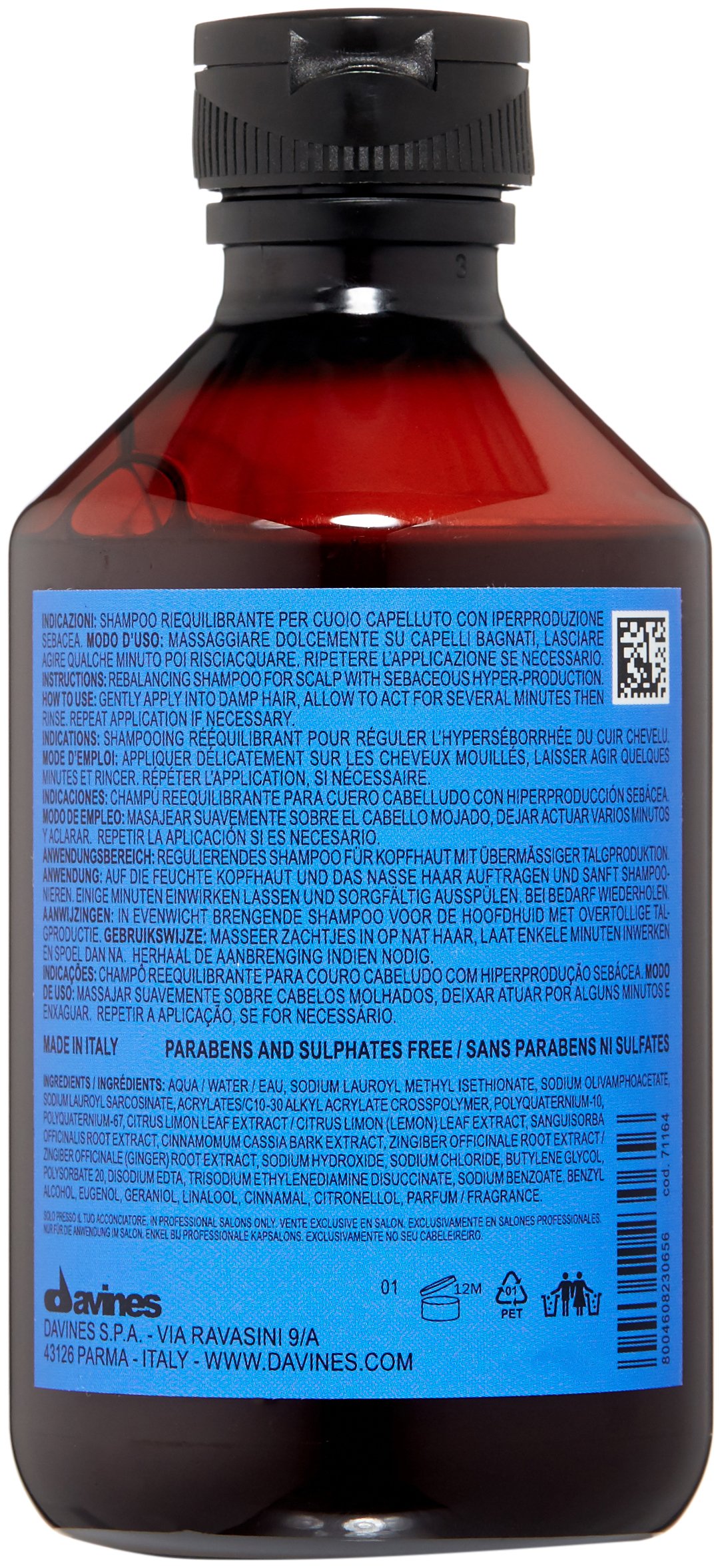 Davines Naturaltech REBALANCING Shampoo, Gently Cleanse The Scalp While Assisting With Excess Sebum Production, Add Shine, 8.45 fl oz
