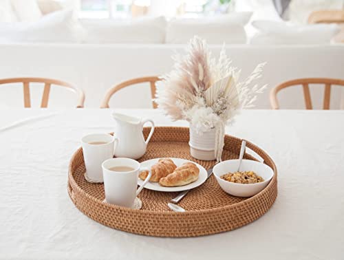 Decorative Coffee Table Tray | Farmhouse Boho Decor | Round Rattan Tray Basket | Wicker Serving Tray with Handles | Drink, Tray for Ottoman | Circle Round Tray | Fall Decor