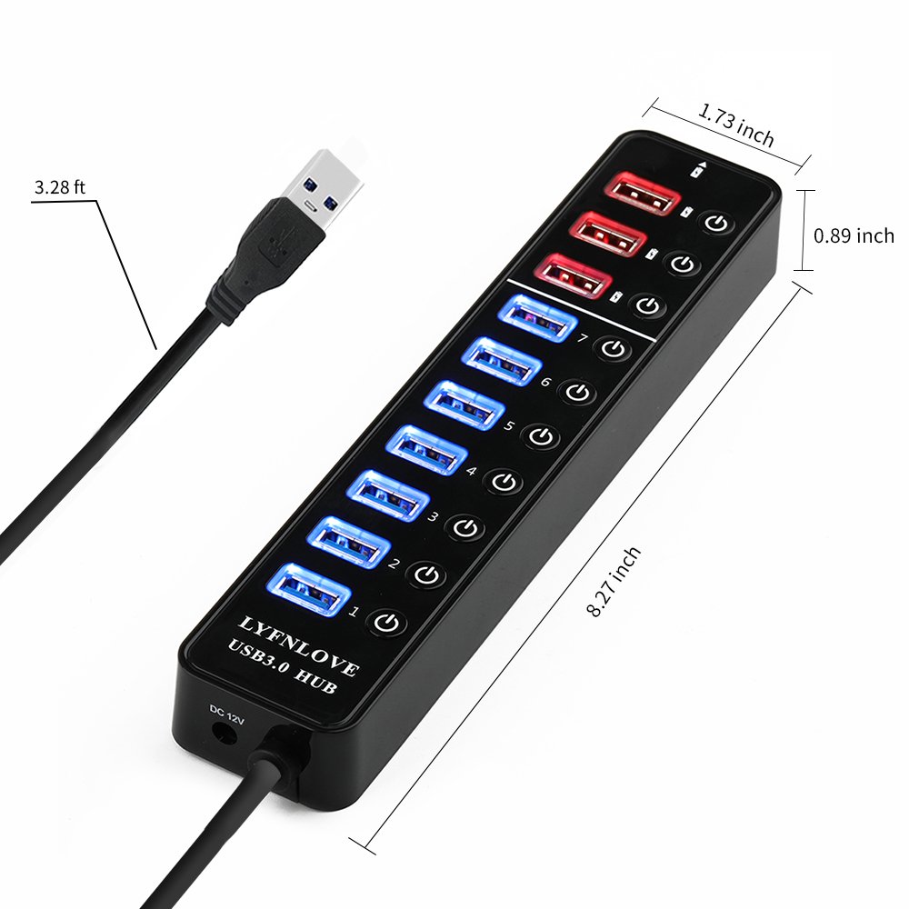 LYFNLOVE Powered USB Hub,11 Port 48W Data Charging Hub with 7 USB 3.0 Ports and 4 Smart Charging Ports,USB 3.0 Splitter with On/Off Switches for Laptop,PC, Computer,TV, HDD, Flash Drive and More