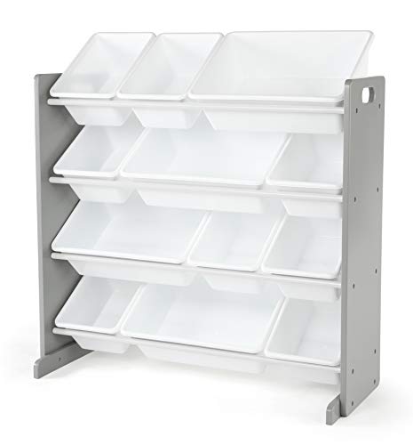 Humble Crew, White Kids Wood Square Table and 2 Chairs Set & Humble Crew, Grey/White Kids Toy Organizer with 12 Storage Bins, Toddler