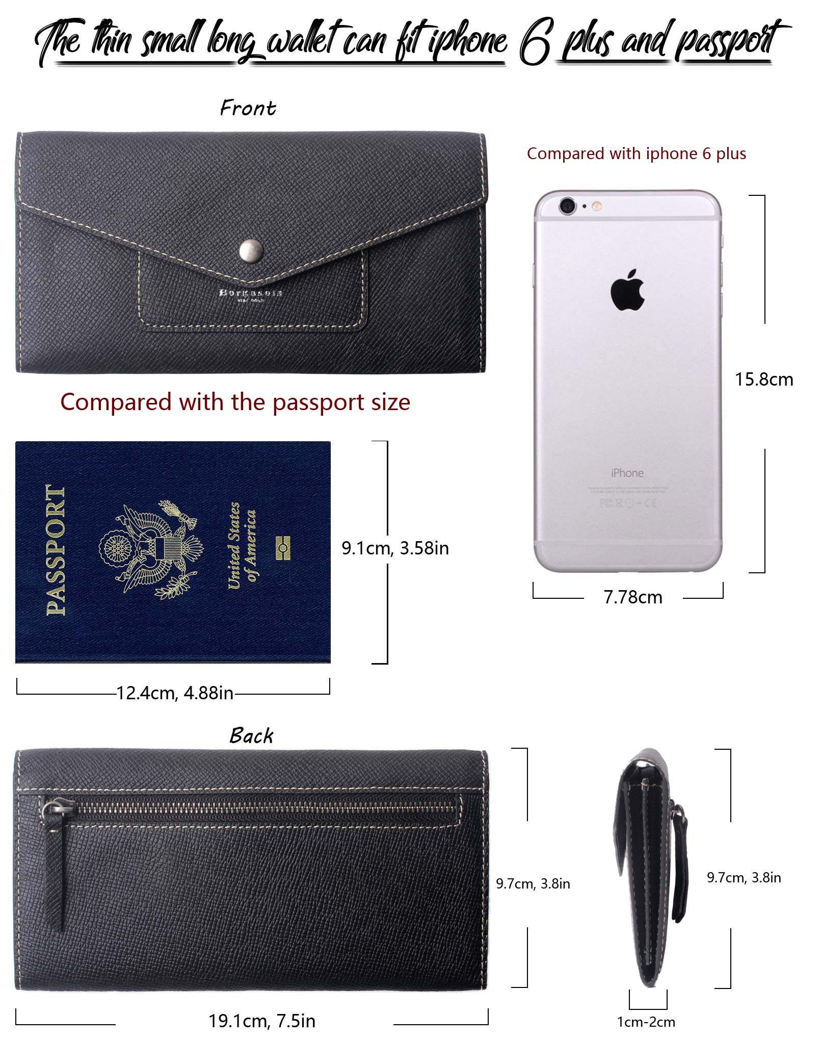 Borgasets Women's Wallet Leather RFID Ultra Thin Envelope Purse Travel Clutch with ID Card Holder and Phone Pocket (Crosshatch Black)