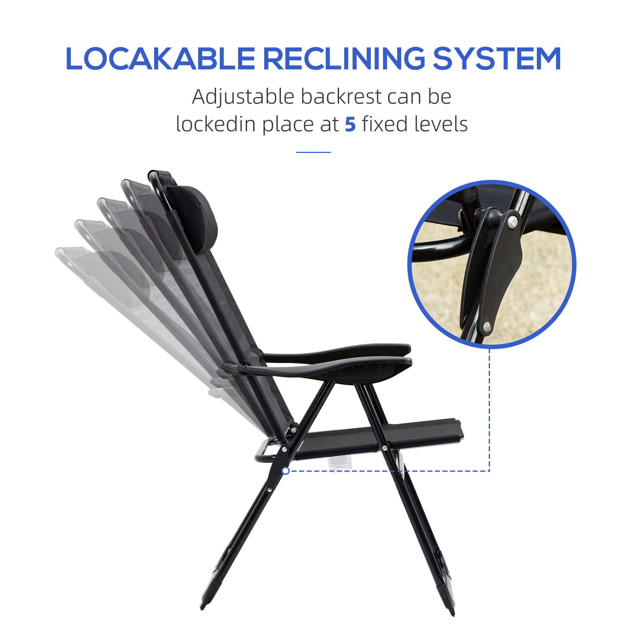 Outsunny Folding Patio Chairs Set of 2, Outdoor Deck Chair with Adjustable Sling Back, Camping Chair with Removable Headrest for Garden, Backyard, Lawn, Black