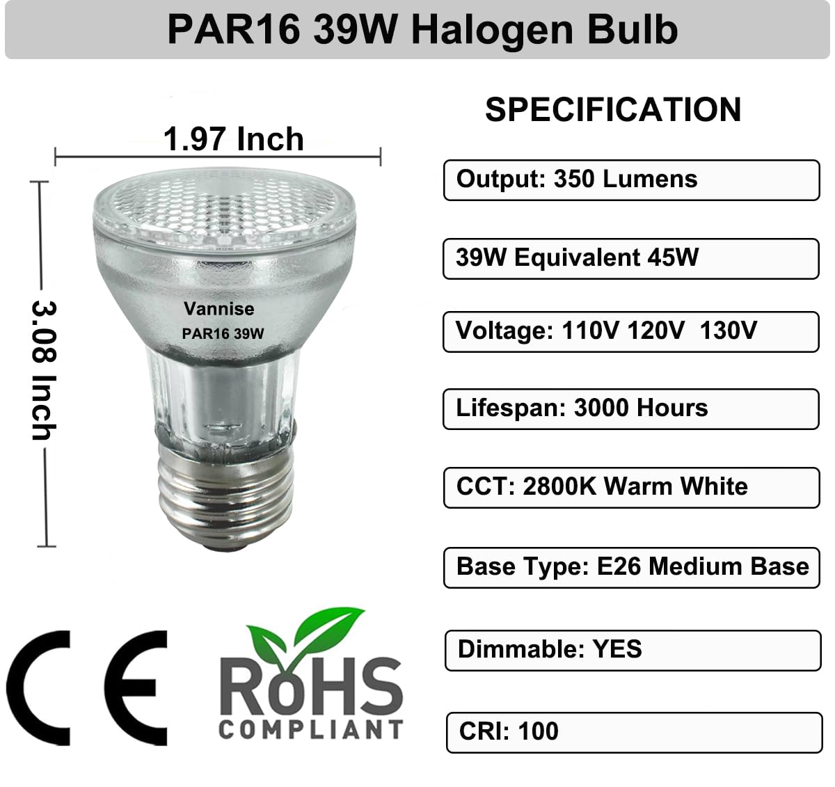 Vannise Halogen Light Bulbs E26 PAR16 - High Output 350LM PAR16 Bulb 39W, Equivalent 45W, 6PCS Long Lasting PAR16 Flood Bulb Dimmable with 2800K Warm White, PAR16 Halogen Bulb 39w for Ceiling Lights