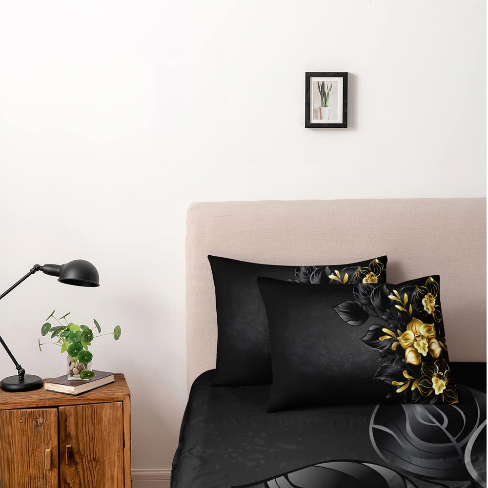 Holiyjog Gold Flowers Duvet Cover Set Black Color Background Comforter Covers Queen Size Boho Bedroom Bedding Sets Queen Size