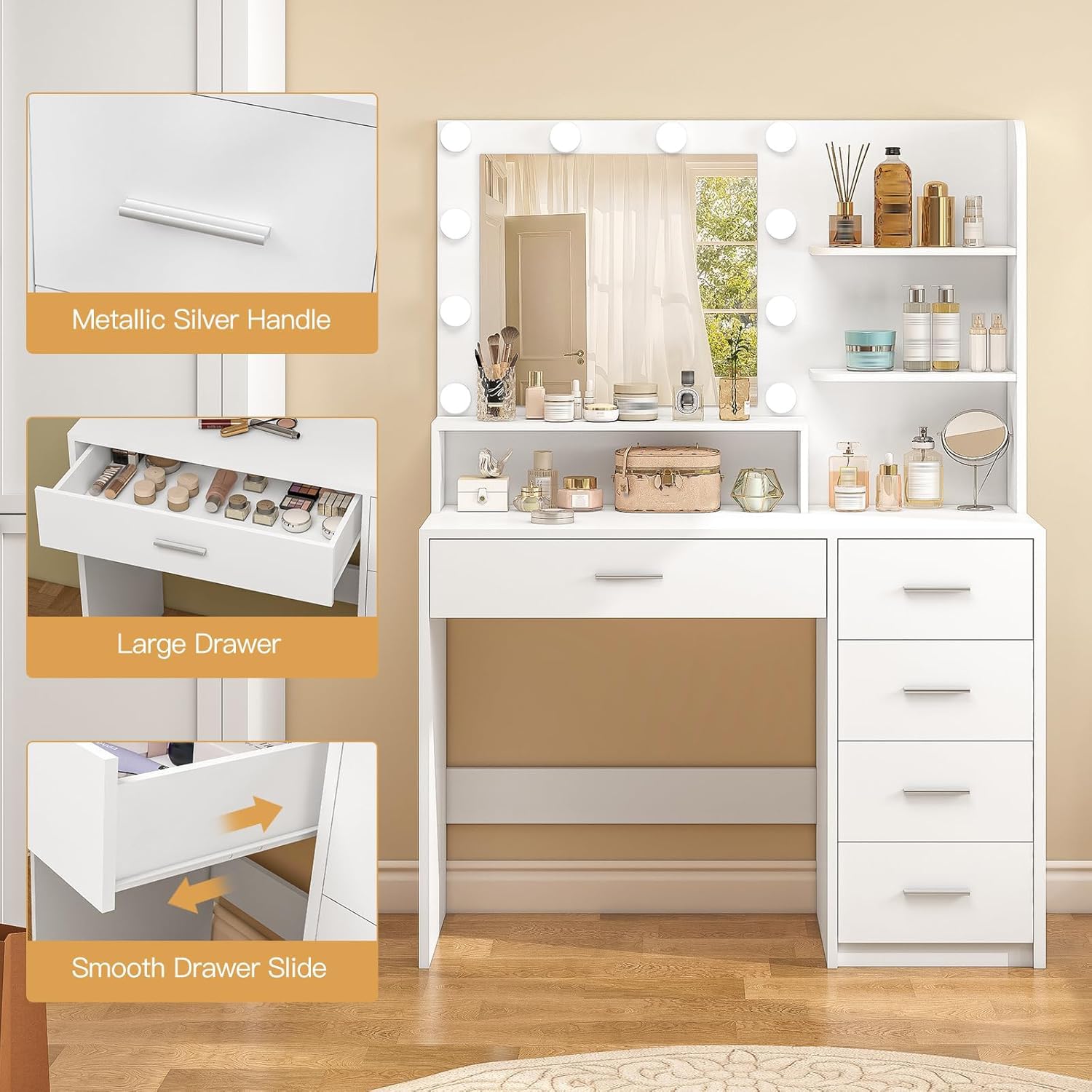 Quimoo Makeup Vanity Desk with Mirror & Lights, Vanity Desk with 5 Drawers & Storage Shelves, Vanity Table, 3 Color Modes & Adjustable Brightness Dressing Table, Bedroom