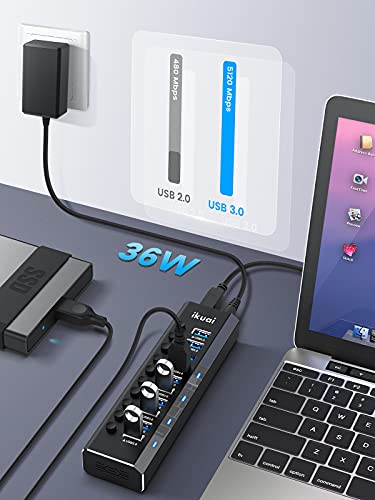 Powered USB Hub 3.0 ikuai Aluminum 10 Port USB 3.0 Data Hub Splitter with 12V/3A 36W Power Adapter and Individual On/Off Switches for Desktop PC Laptop and More