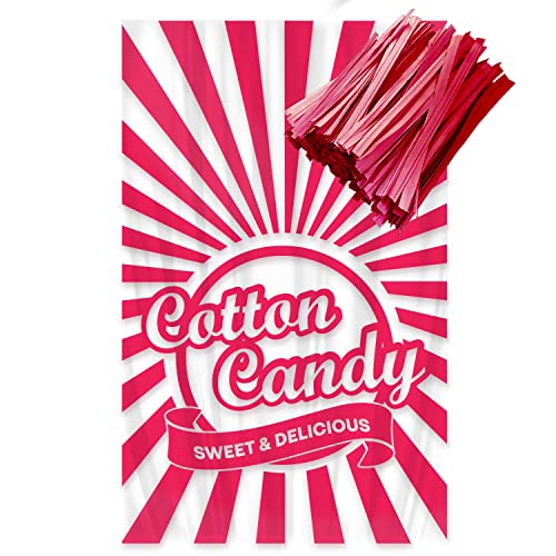 Cotton Candy Bags with Ties (100 Count), Clear Bags for Cotton candy with Print, Prefect for Carnivals and Parties. 11.5x18.5 Inches (Red)