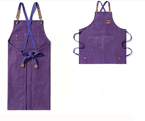 Cotton Canvas Apron for Artists Painting,Chef Apron with Cross Back Straps for Men Women, Kitchen Cooking (Purple)