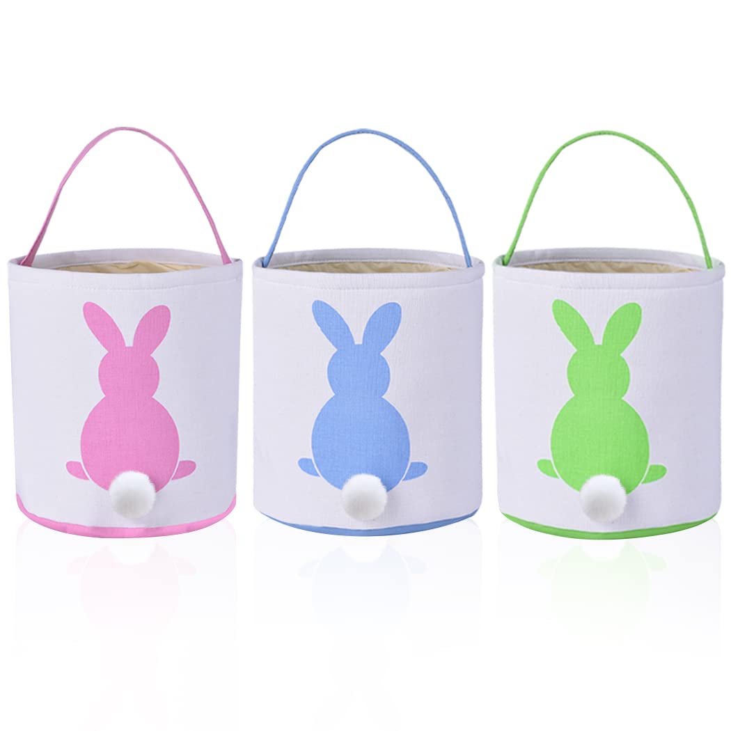 Faylapa 3pcs Easter Bunny Basket Bags Bunny Canvas Tote - Party's Celebrate Decoration Eggs Candy and Gifts Carry Bucket-Pink+Blue+Green