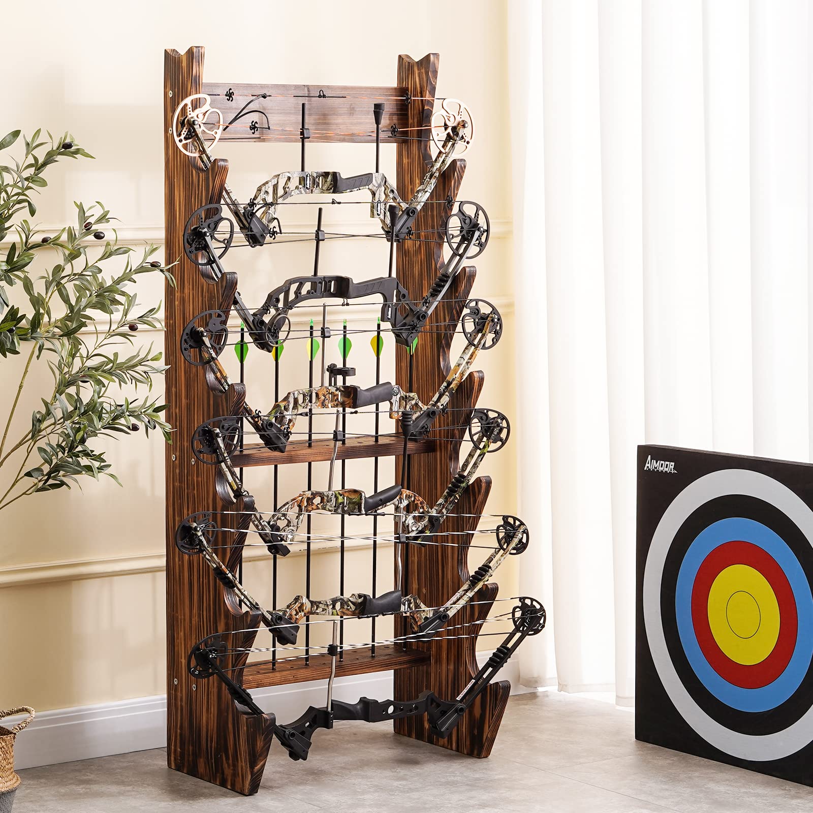 Aimdorarchery Bow Stand Bow Shelf for All Bows Pure Pine Wood Retro Design Best Choice for Bow Wall Decor Sturdy and Stable Bow Stand Can Hold 6 Bows 24 Arrows Storing your equipment conveniently