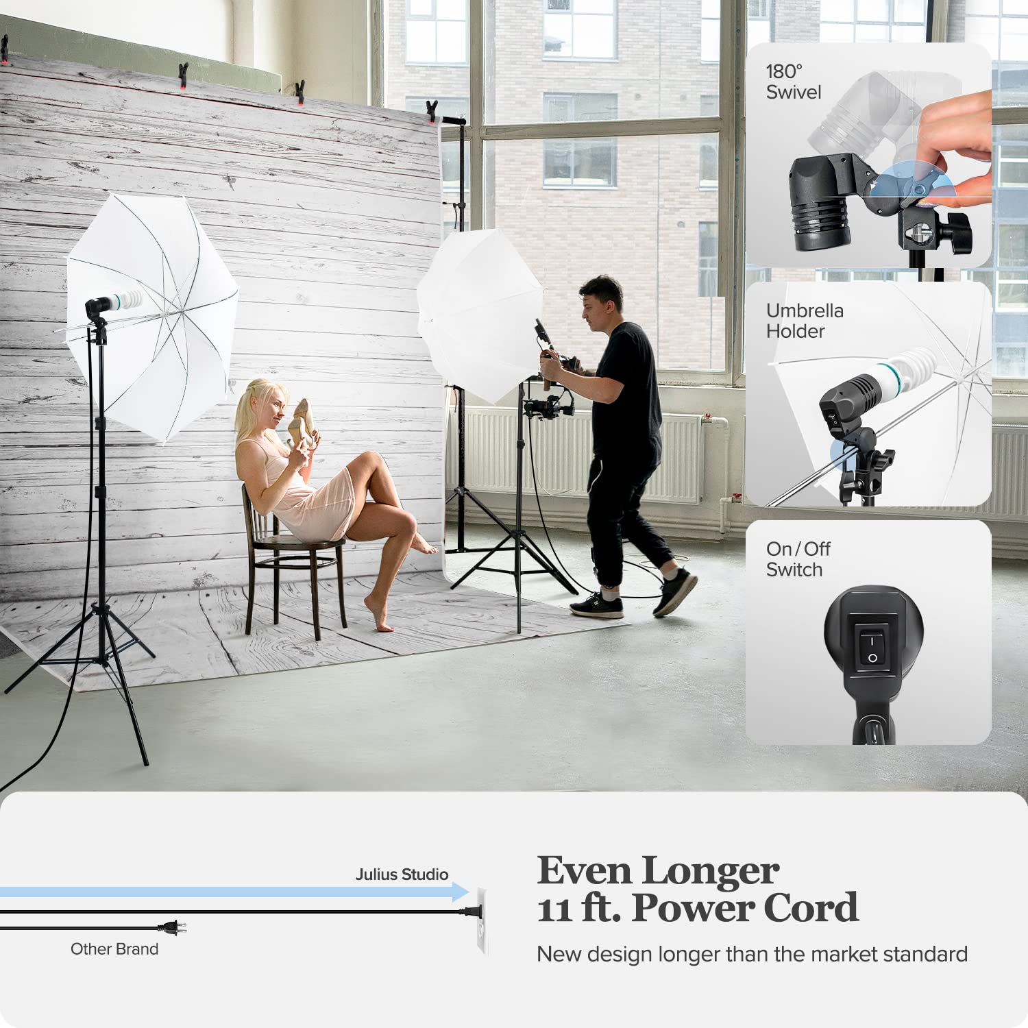 Julius Studio White Wood Backdrop with LED 1600W 5600K Umbrella Lighting Kit, 10 x 10 ft. Backdrop Stand Frame with Length Adjustable, White & Black Umbrella Reflector JSAG355