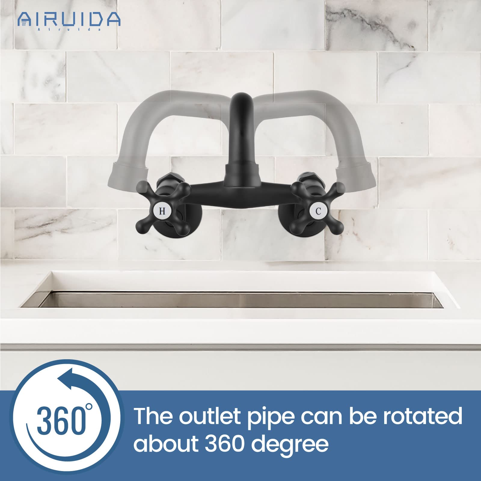 Airuida Matte Black Wall Mount Kitchen Faucet 4 Inch(10cm) Spout Reach Adjustable Center Double Cross Handles Mixer Tap 360 Rotatable Wall Mounted Faucet for Commercial Utility Laundry Restaurant