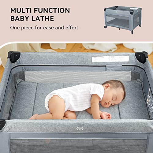 Fijinhom Baby Nursery Center Changing Table 3 in 1 Portable Crib Bedside Playard Foldable with Bassinet Diaper Table Toys Indoor