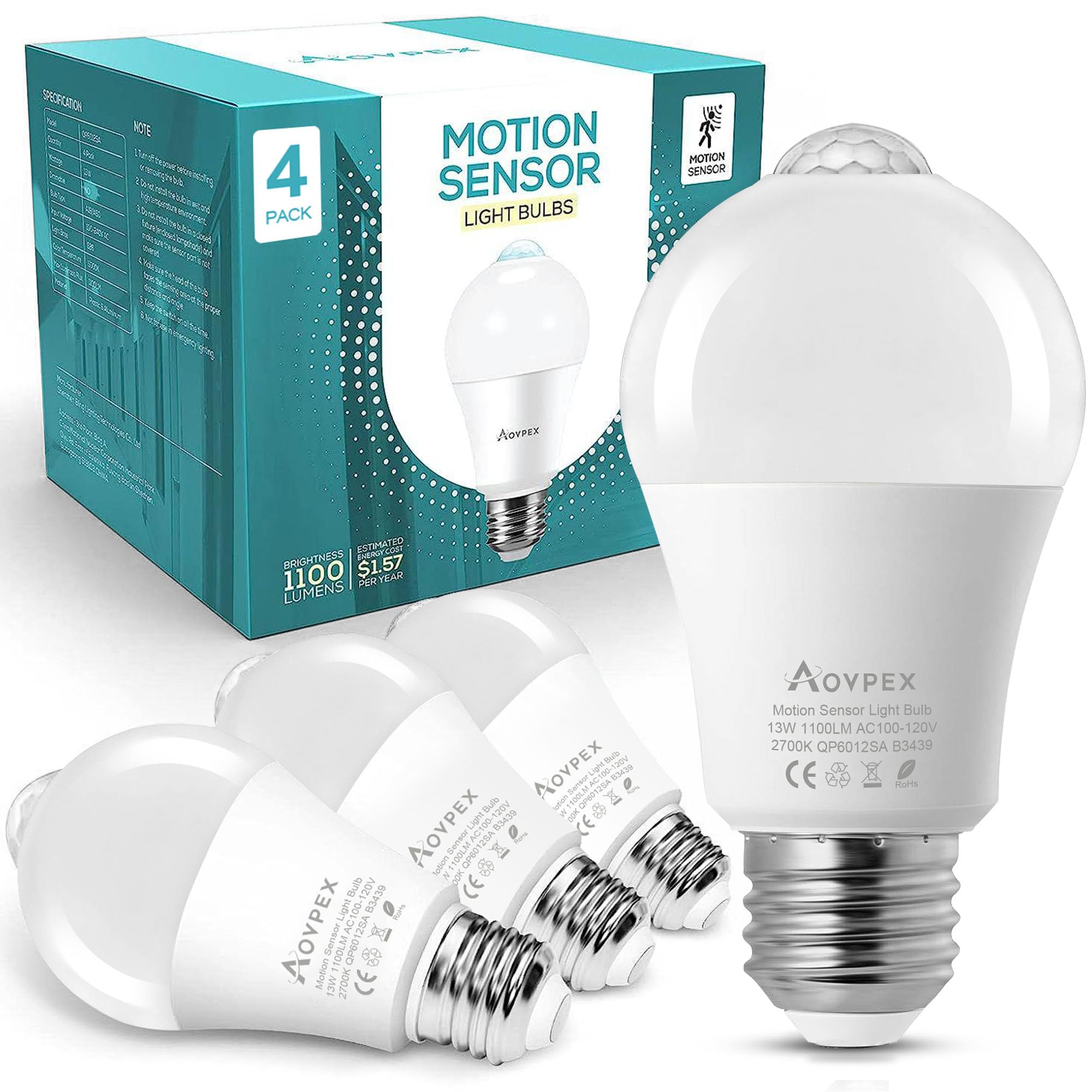 Aovpex Motion Sensor Light Bulbs Dusk to Dawn 13W Equivalent 100W 1100lm Movement Activated Security LED Light Bulb 2700K Warm White, Auto On Off for Porch Garage Basement Hallway Closet, 4 Pack