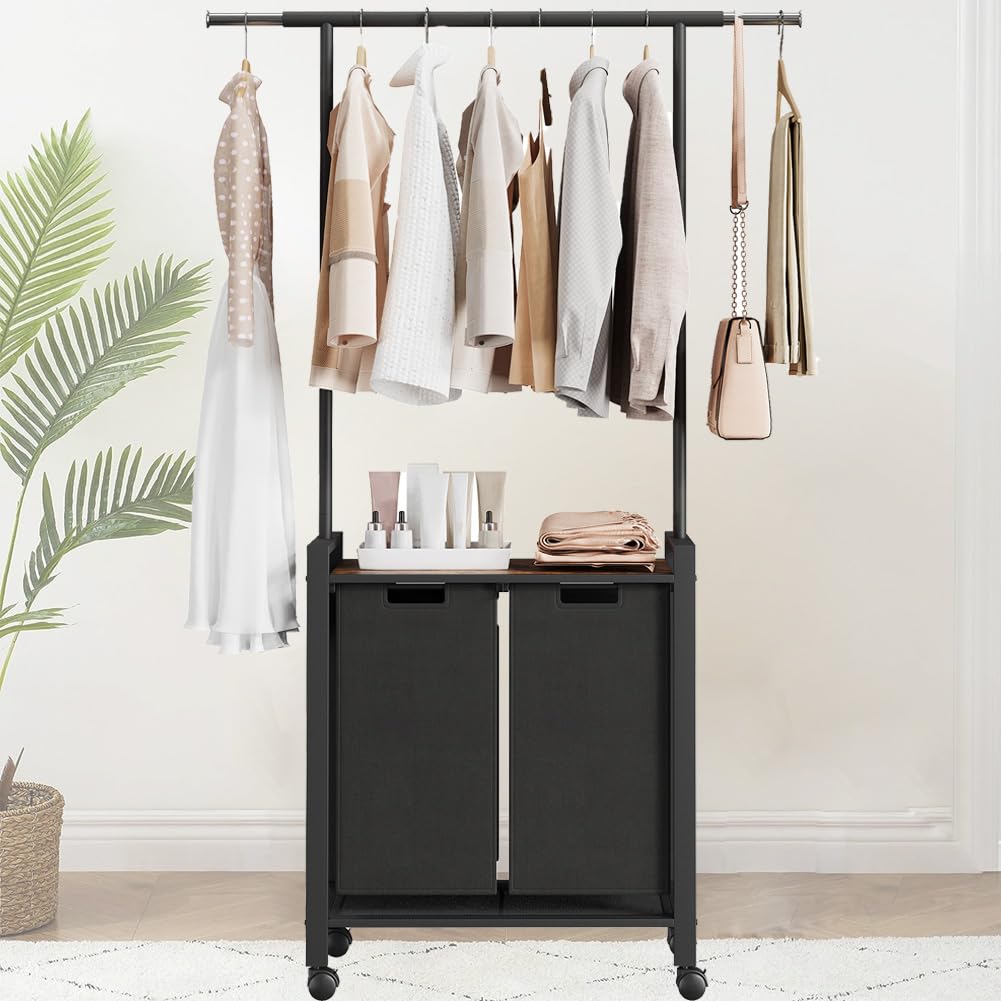 Laundry Sorter with Hanging Bar,Rolling Laundry Hamper 3 Section with Wheels,Laundry Basket Organizer with 3 Removeable Bag for Bathroom Bedroom Laundry Room