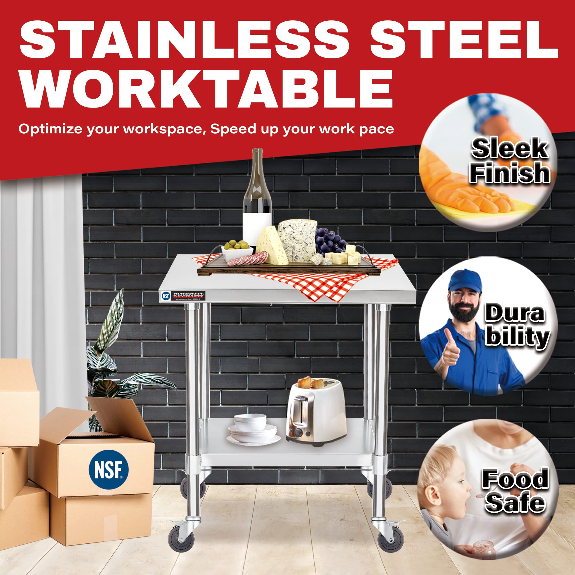 DuraSteel Food Prep Stainless Steel Table - 24 x 30 Inch Metal Table Cart - Commercial Workbench with Caster Wheel - NSF Certified - For Restaurant, Warehouse, Home, Kitchen, Garage, Chrome