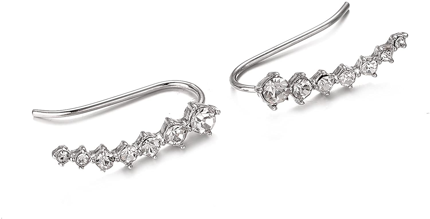 7 Crystals Ear Cuffs Hoop Climber S925 Sterling Silver Earrings Hypoallergenic Earring