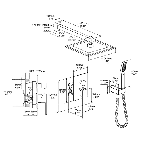 Artiqua Shower System 10 Inches Rain Shower Combo Set Black Wall Mount Faucet Bathroom Faucets with Rainfall Shower Head and Hand Shower