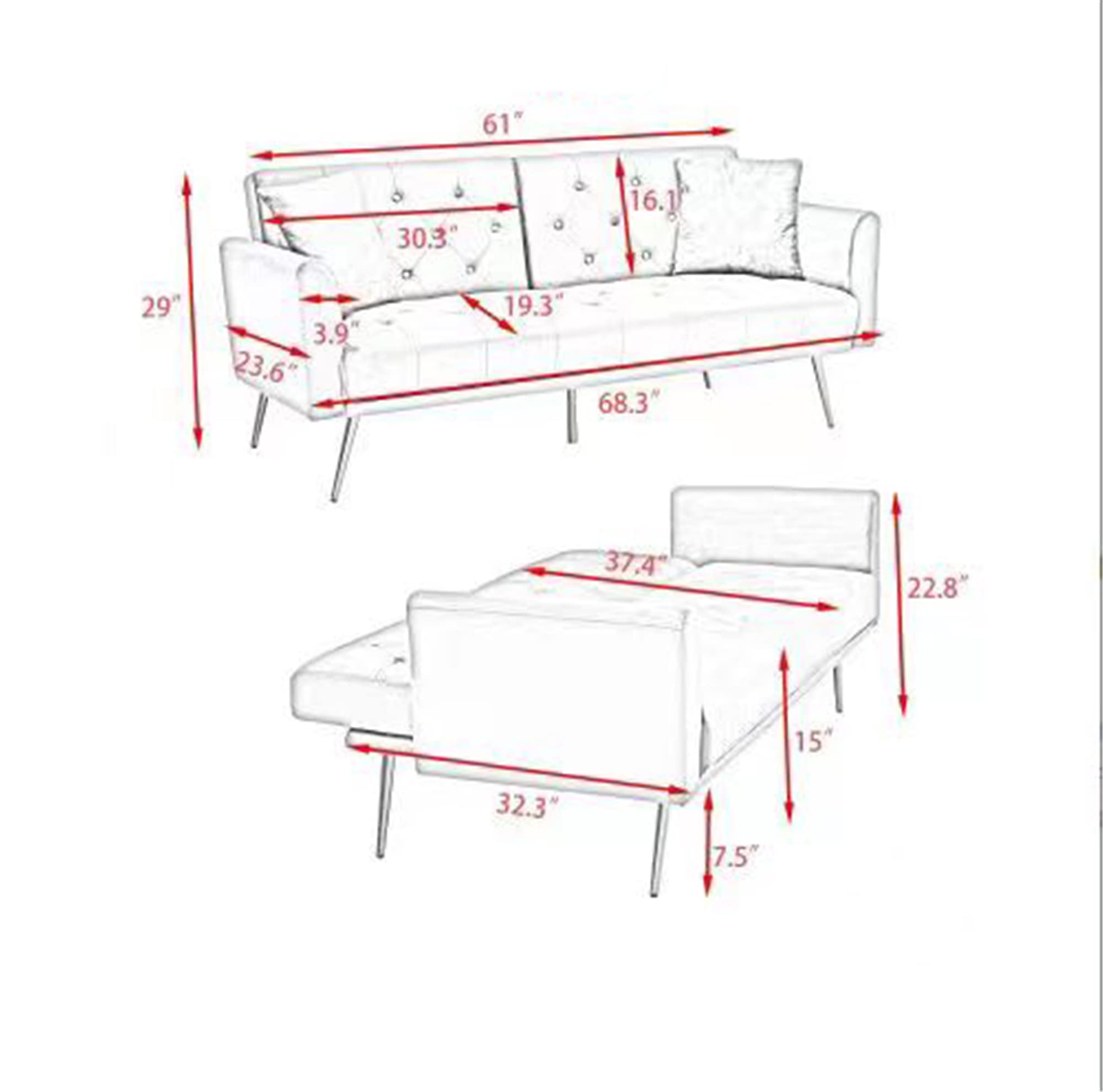 PBOGHLRD Convertible Velvet Futon Sofa, Folding Loveseat Sofa with Throw Pillow and Midfoot, Small Sleeper Couch Bed for Living Room, Bedroom, Home Office (Pink)