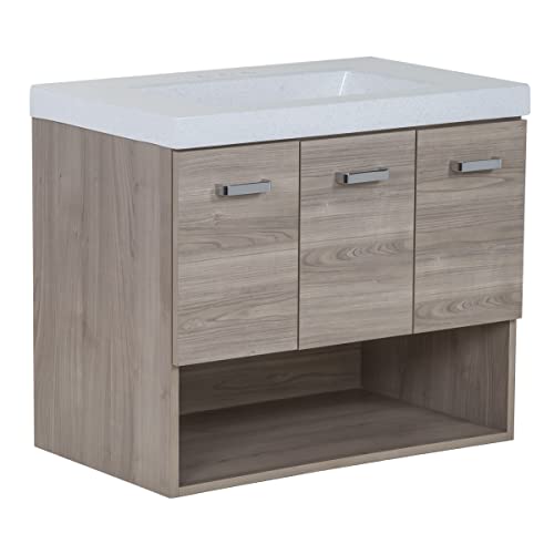 Spring Mill Cabinets Inna Floating Bathroom Vanity with 2-Door Cabinet, Drawer, Open Shelf, and White Sink Top, 30.5" W x 18.75" D x 26.27" H, Forest Elm