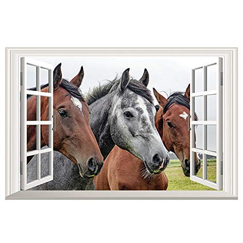 Home Find Horse Wall Decals 3D Faux Window View Decals Removable Fake Window Scene Wall Stickers Home Decor Art Mural Animals for Living Room Kids Room Nursery 23 inches x 15 inches