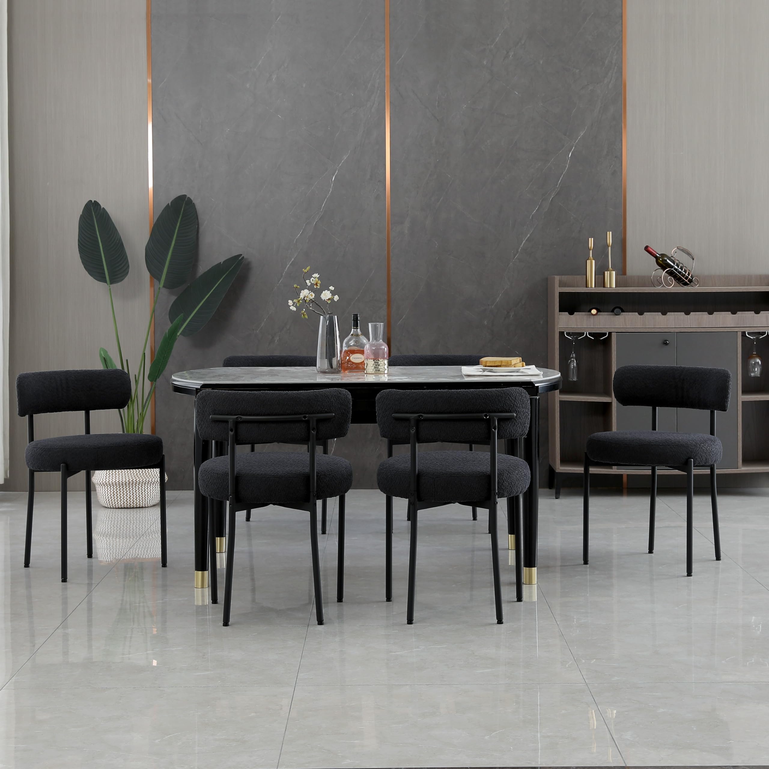 AISALL Black Dining Chairs Set of 2 Round Upholstered Boucle Dining Room Chairs Mid-Century Modern Kitchen Chairs Curved Backrest Chairs for Dining Room Black Metal Legs
