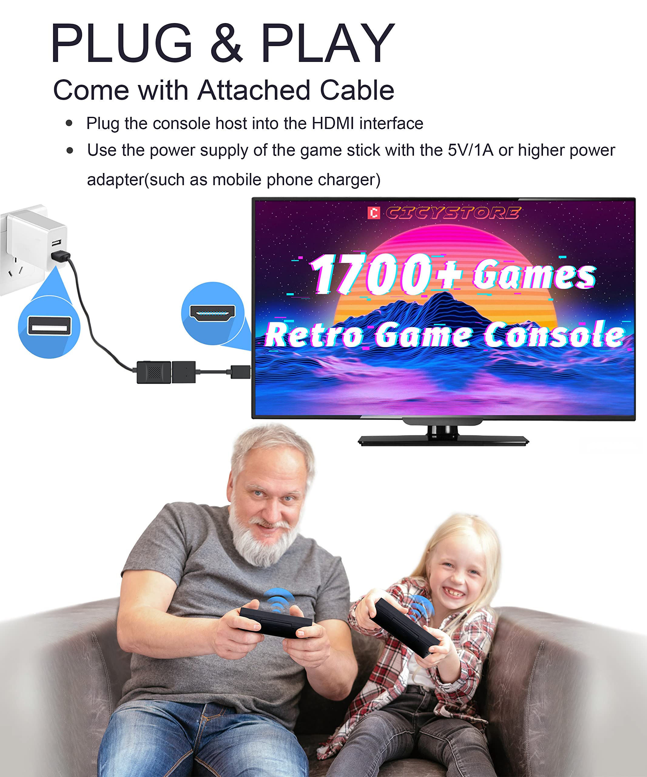 CICYSTORE Retro Game Console with 1700 NES Classic Edition Games,4K HD Video Game Console,Plug and Play Video Games for TV,Gift for Kid/Adult