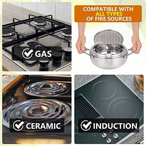 deep Fryer Pot,304 Stainless Steel with Temperature Control and Lid Japanese Style Tempura Fryer Pan Uncoated Fryer Diameter: 9.4"