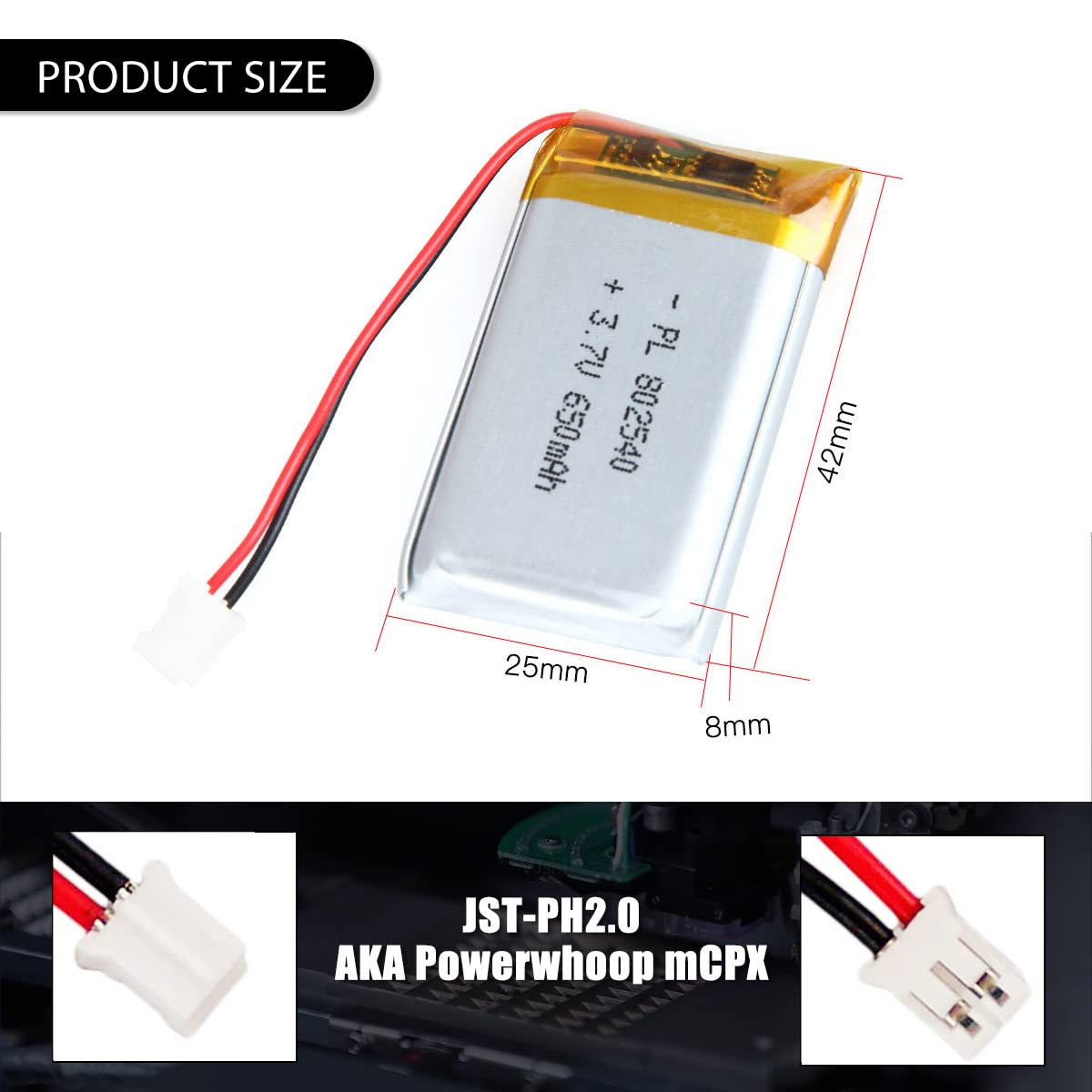 YDL 3.7V 650mAh 802540 Lipo Battery Rechargeable Lithium Polymer ion Battery Pack with PH2.0mm JST Connector