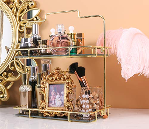 Simmer Stone Makeup Organizer Shelf, 2 Tier Cosmetic Storage Basket with Removable Glass Tray, Wire Vanity Organizer Rack for Dresser, Countertop, Bathroom and More, Gold
