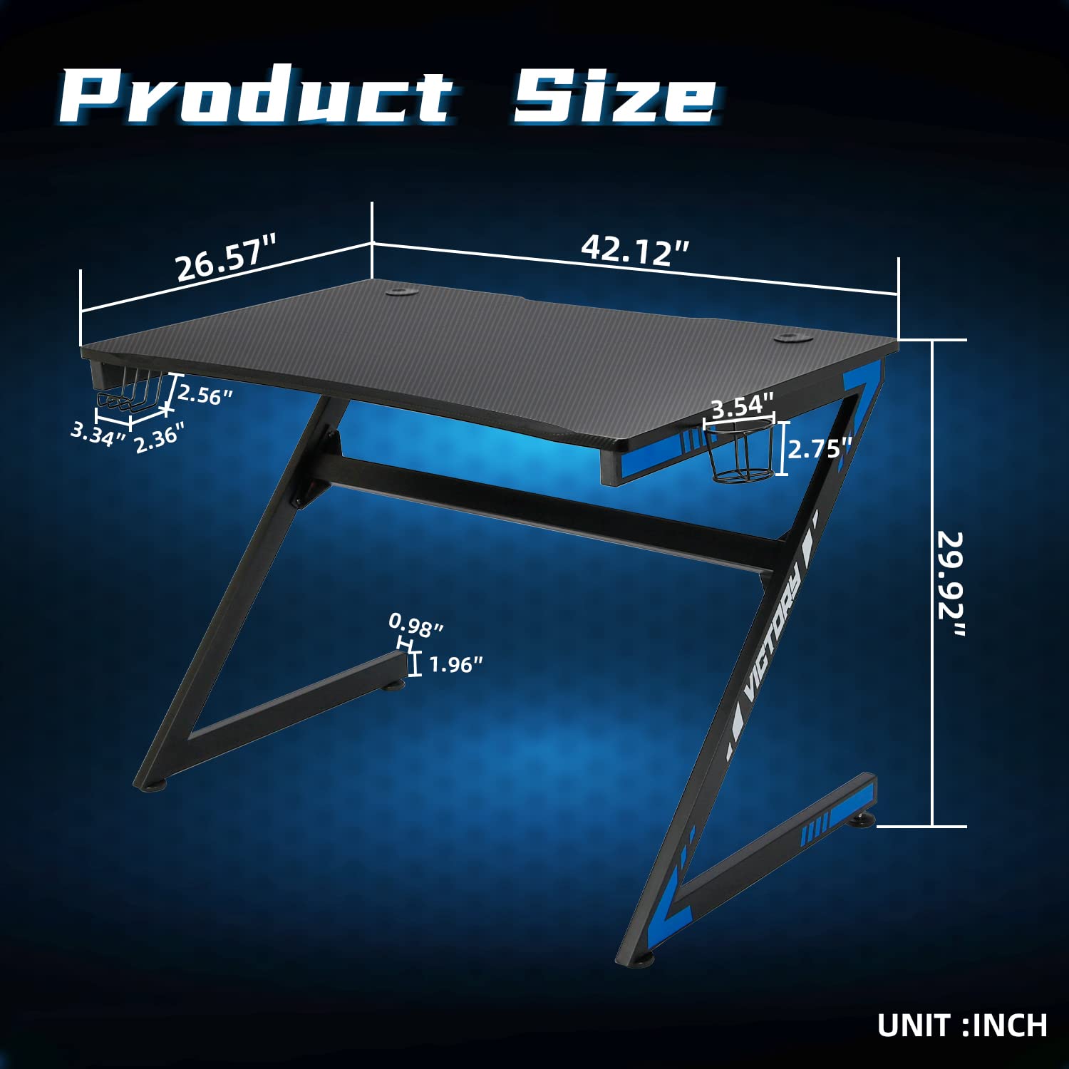 Cirstore Gaming Desk 39 Inch Computer Desk Gaming Table Z Shaped Pc Gaming Workstation Home Office Desk with Headphone, Gaming Controller Rrack,Black and Blue