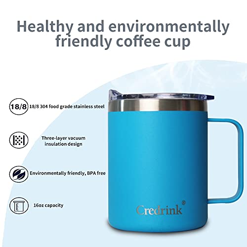 Credrink 15 oz Insulated Coffee Mug，Handle cup with sliding lid,，Stainless Steel Aqua Bottle，Double Wall Vacuum Insulated Trave Mug, Keep Warm for 6 Hours, Refrigerate for 12 Hours(blue Coffee Mug)