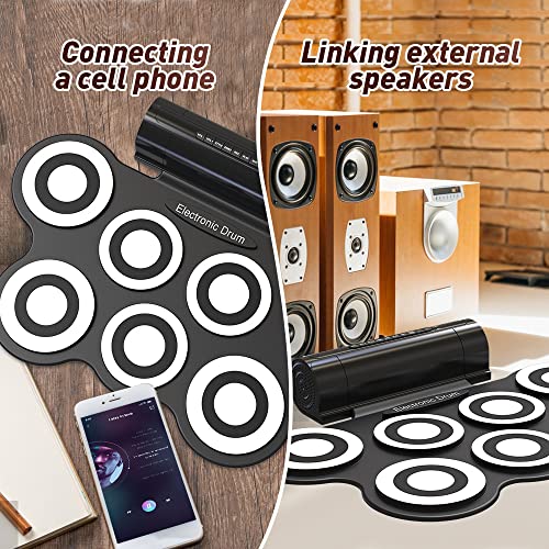 7 Pads Electronic Drum Set, Electric Drum Pad Roll-Up Drum Practice Pad Drum Kit Built-in Speaker with Drum Pedals Drum Sticks 10 Hours Playtime, Great Holiday Birthday Gift for Kids-White