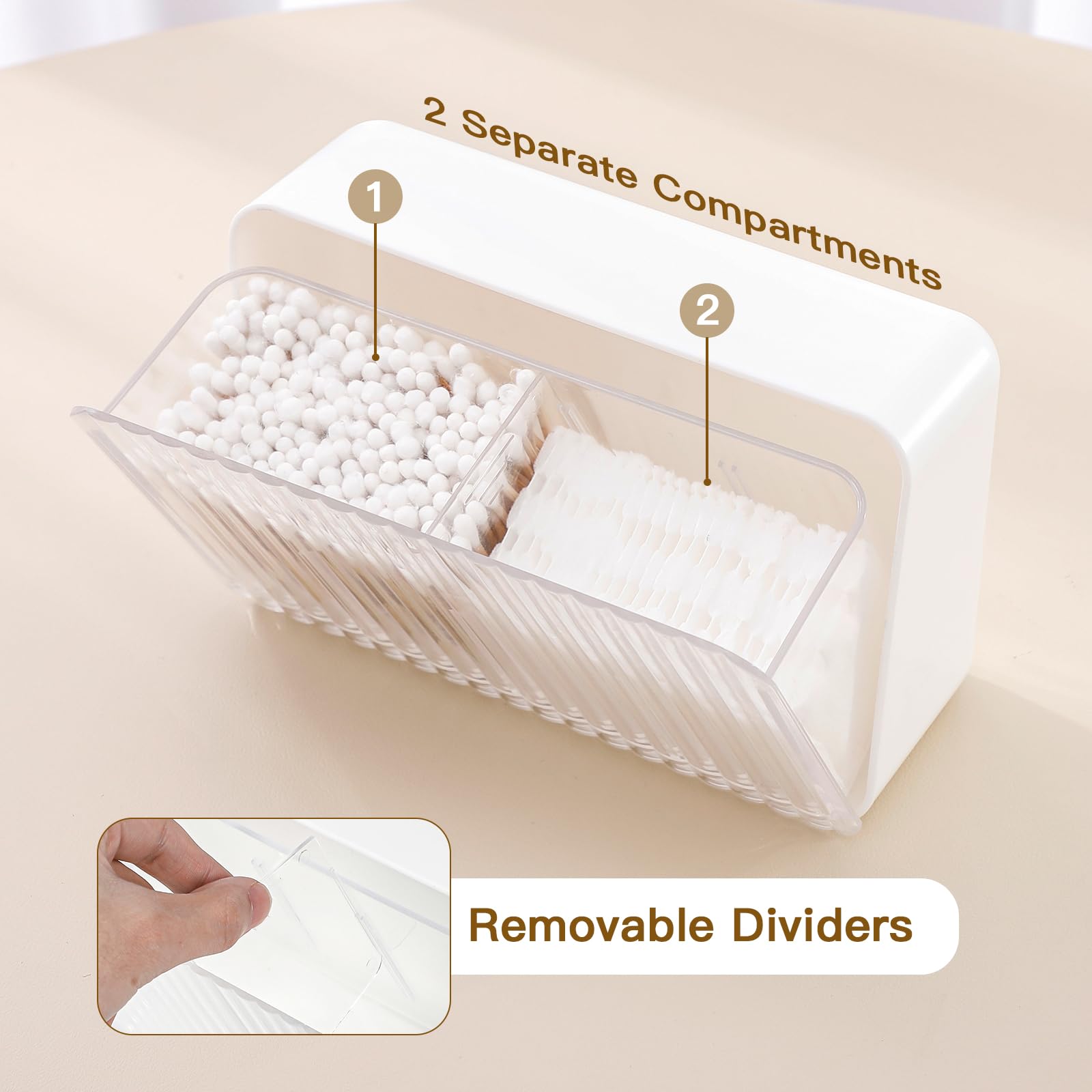 FABROK 2Pcs Wall Mounted Storage Organizer for Cotton Pads, Qtip Holder Dispenser with 2 Compartments, Bathroom Vanity Storage Canister for Cotton Swab, Makeup Pads, Hair Clips, Hair Ties(White-2PCS)