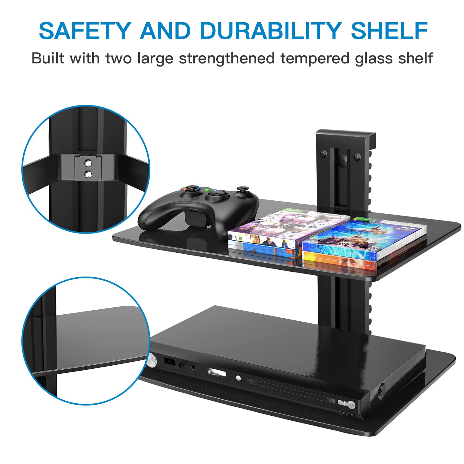 PERLESMITH Floating Wall Mounted Shelf Double AV Shelf with Strengthened Tempered Glasses for DVD Players,Cable Boxes, Games Consoles, TV Accessories - Holds up to 16.5 lbs PSDSK2-1