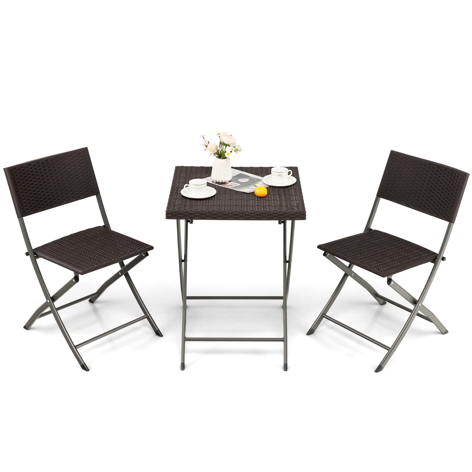 Tangkula 3 Piece Patio Bistro Set, Folding Wicker Chairs & Table Set, Solid Metal Frame, Outdoor Patio Furniture Set for Garden, Front Porch, Poolside, No Assembly Needs (Brown)